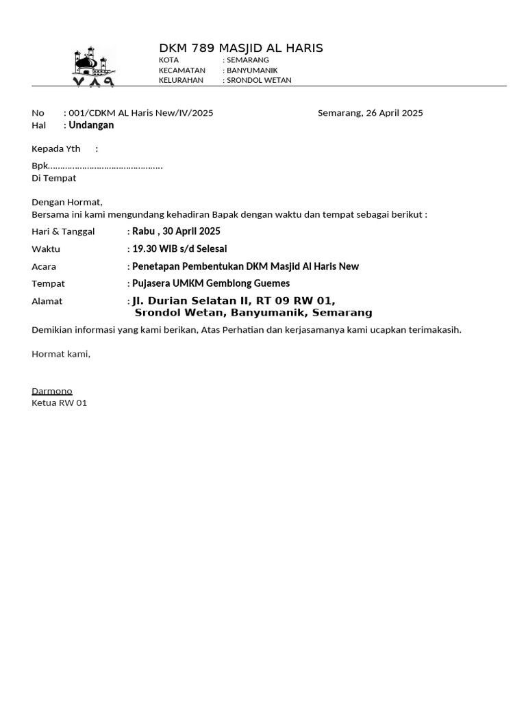 Undangan Rapat DKM | PDF