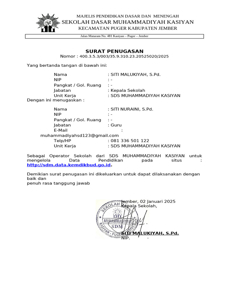 Surat Tugas Ops Sd Muhammadiyah Kasiyan 2025 | PDF