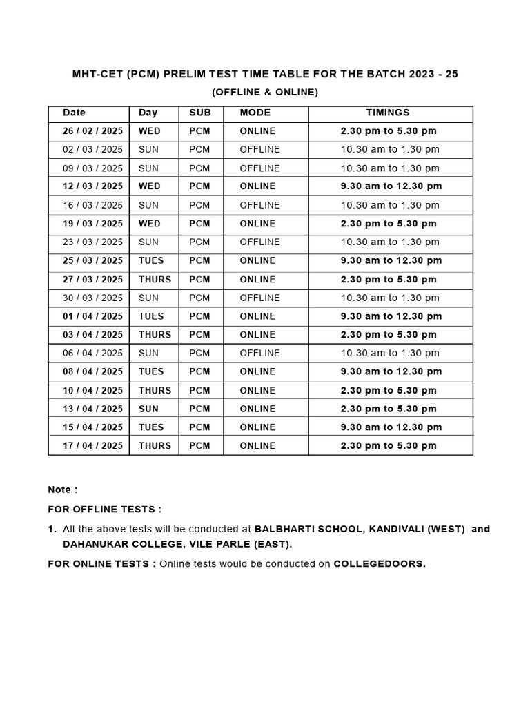Prelim Time Table 2023-25 (Post HSC) | PDF