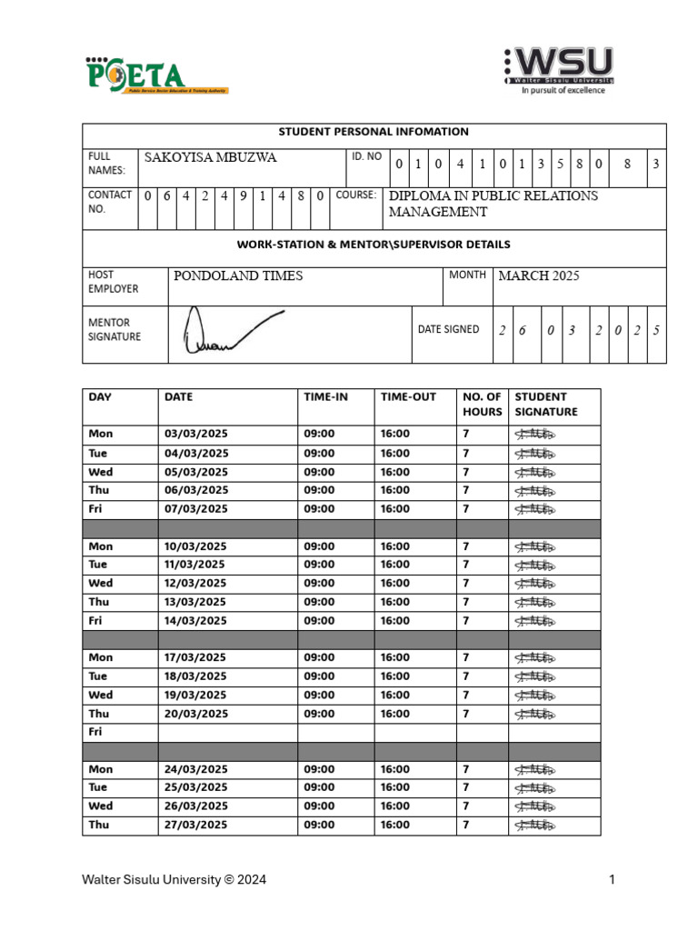 Sakoyisa Mbuzwa March 2025 Timesheet | PDF