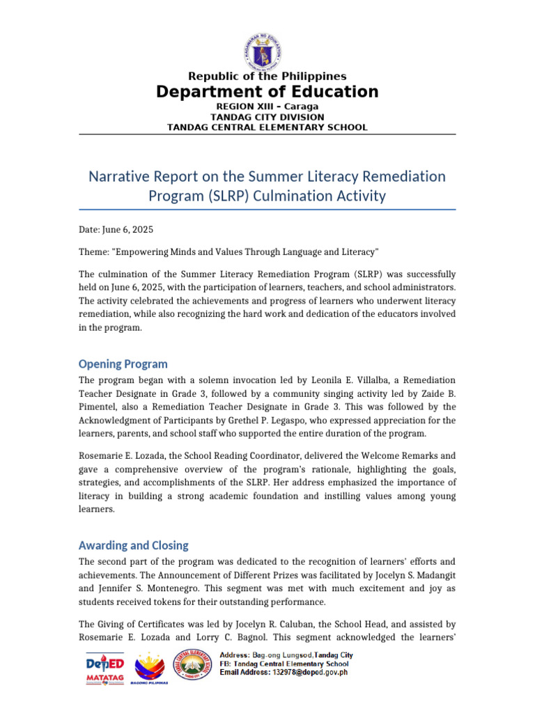 SLRP Culmination Narrative Report | PDF | Literacy | Pedagogy