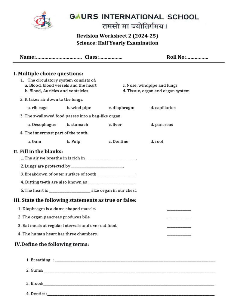 Grade_4_Revision_Worksheet_2_Grade_4 (1) | PDF | Heart | Tooth