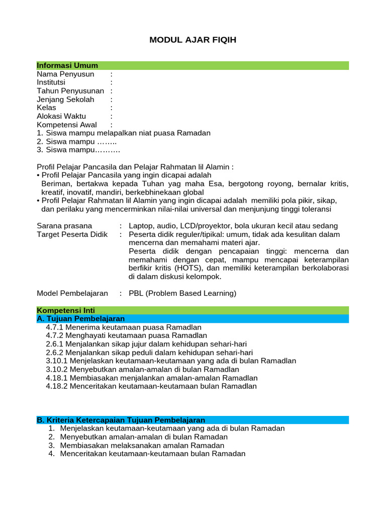 Modul Ajar Model 1 Model Pembelajaran PBL | PDF