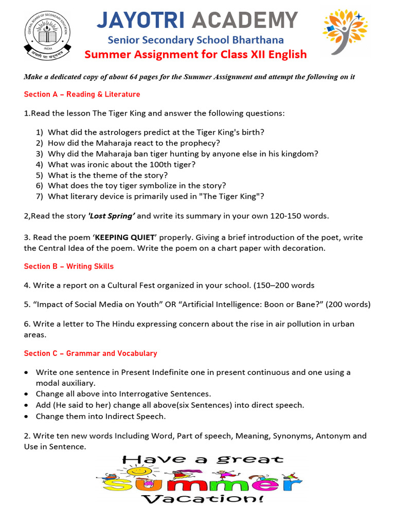 Summer Assignment Xii English | PDF