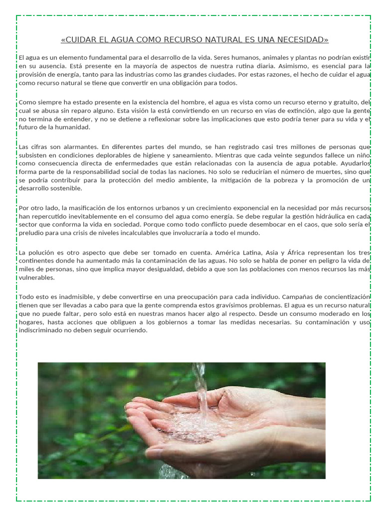 CUIDAR EL AGUA COMO RECURSO NATURAL ES UNA NECESIDAD | PDF | Agua ...