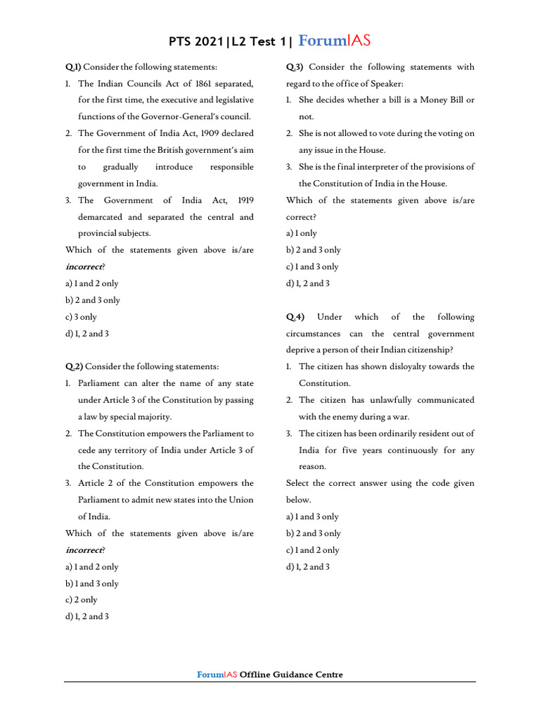Forum IAS Prelims 2021 Test 8 With Solution | PDF | Government Of India ...