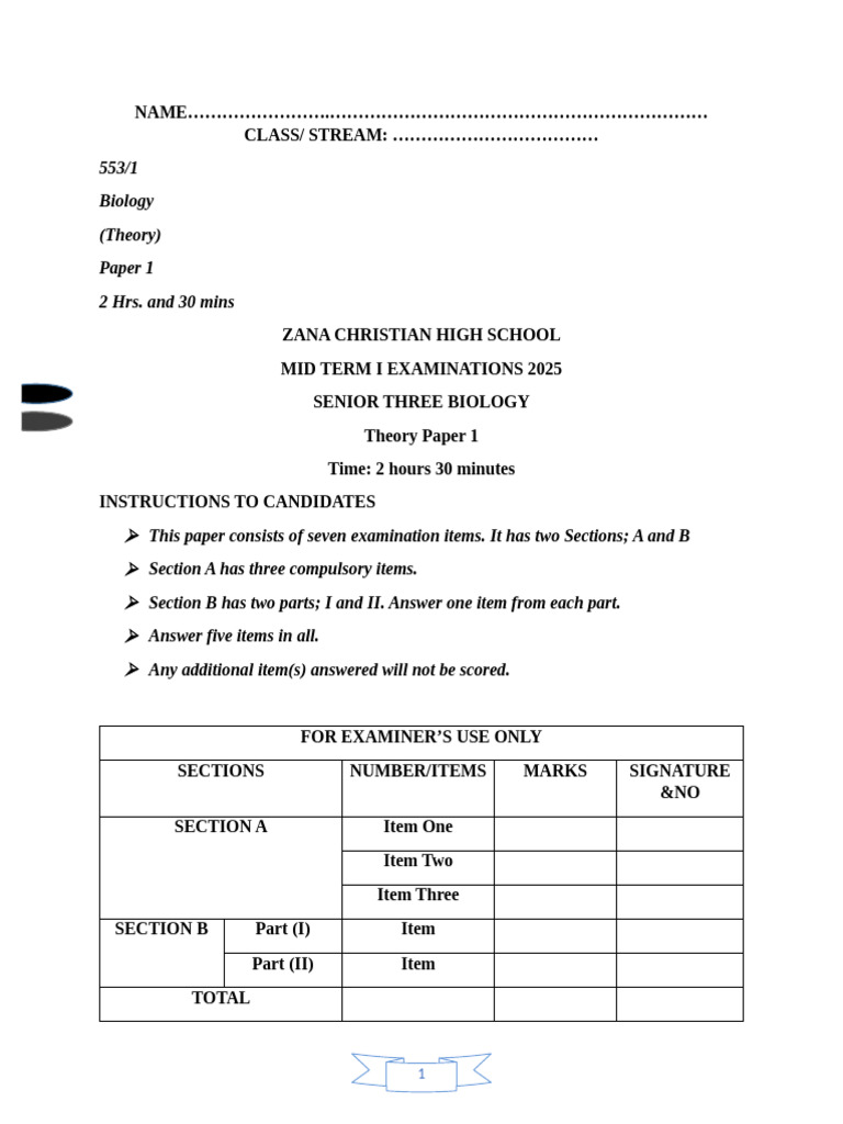 Senior Three Biology Midterm Exam 2025 | PDF | Water