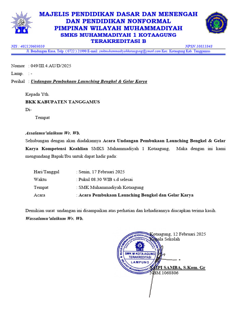 Undangan Launching Bengkel SMK Muhammadiyah | PDF
