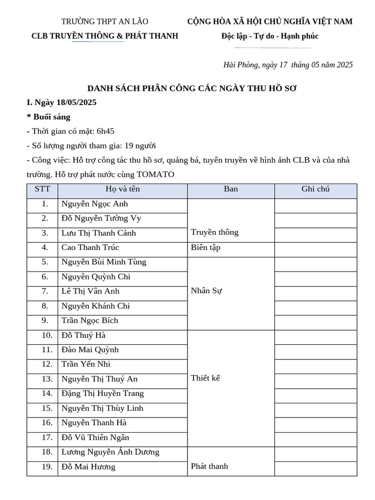 Danh Sách Phân Công H TR Thu H Sơ Ngày 3 | PDF