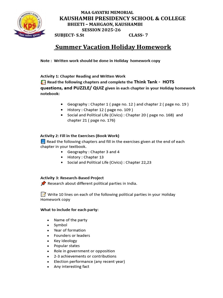 Class 7 Holiday Homework KPS Bheeti | PDF