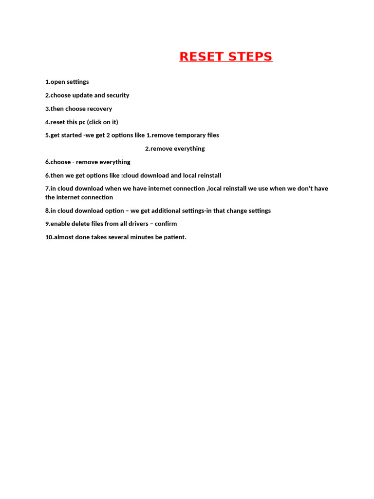 Reset Laptop Steps | PDF