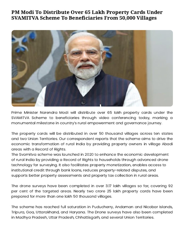 PM Modi To Distribute Over 65 Lakh Property Cards Under SVAMITVA Scheme To Beneficiaries From ...