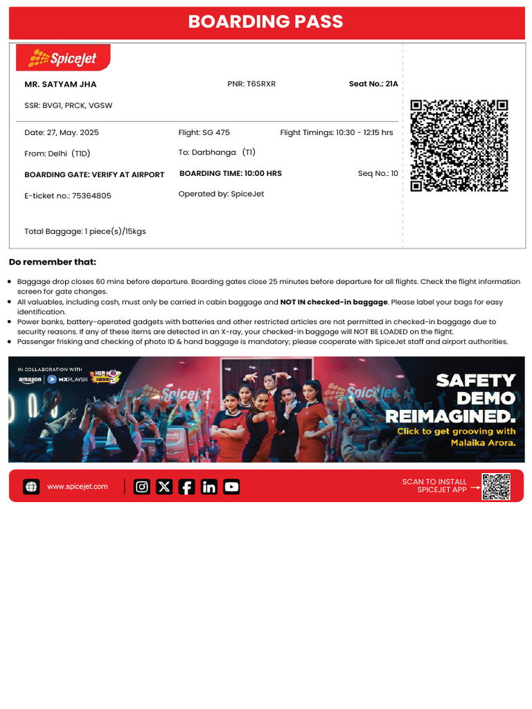 Print Boarding Pass PNR T6SRXR 27 May 2025 Delhi to Darbhanga for MR. SATYAM JHA | PDF