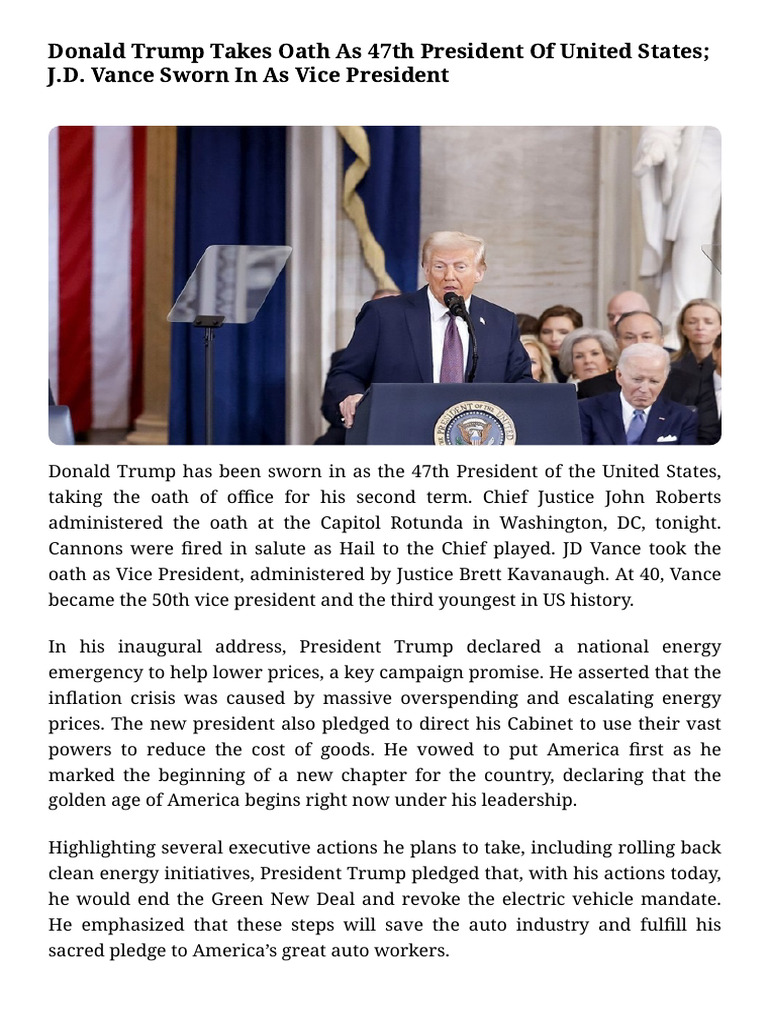 Donald Trump Takes Oath As 47th President of United States J.D. Vance ...