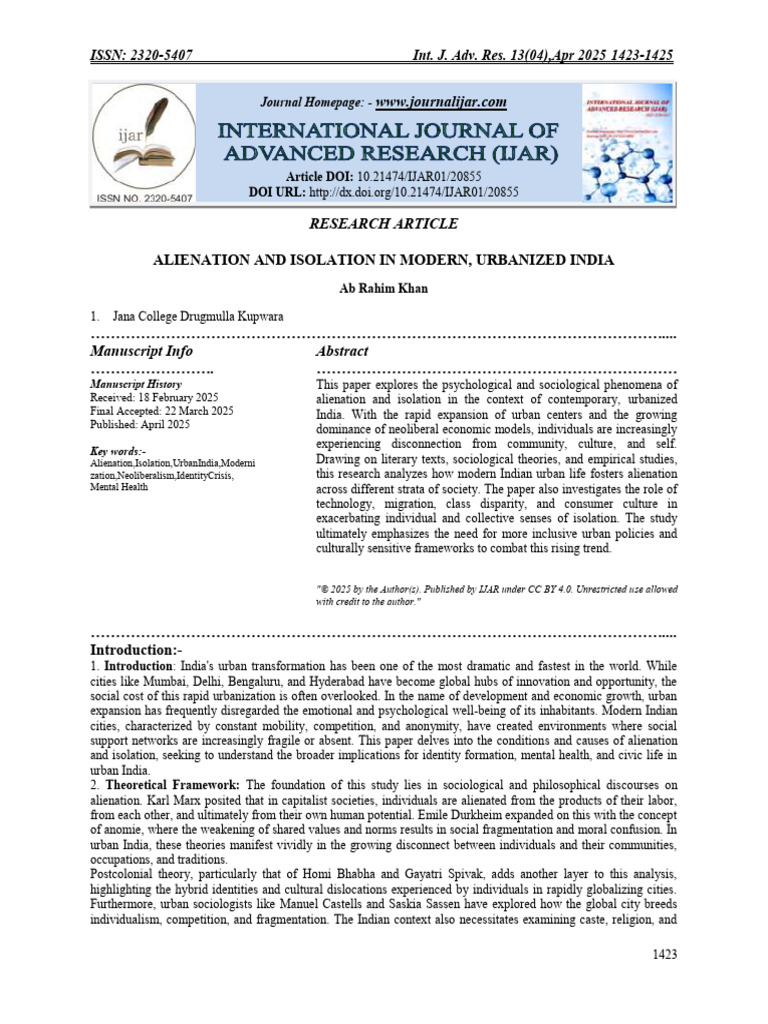 Alienation and Isolation in Modern, Urbanized India | PDF | Social ...