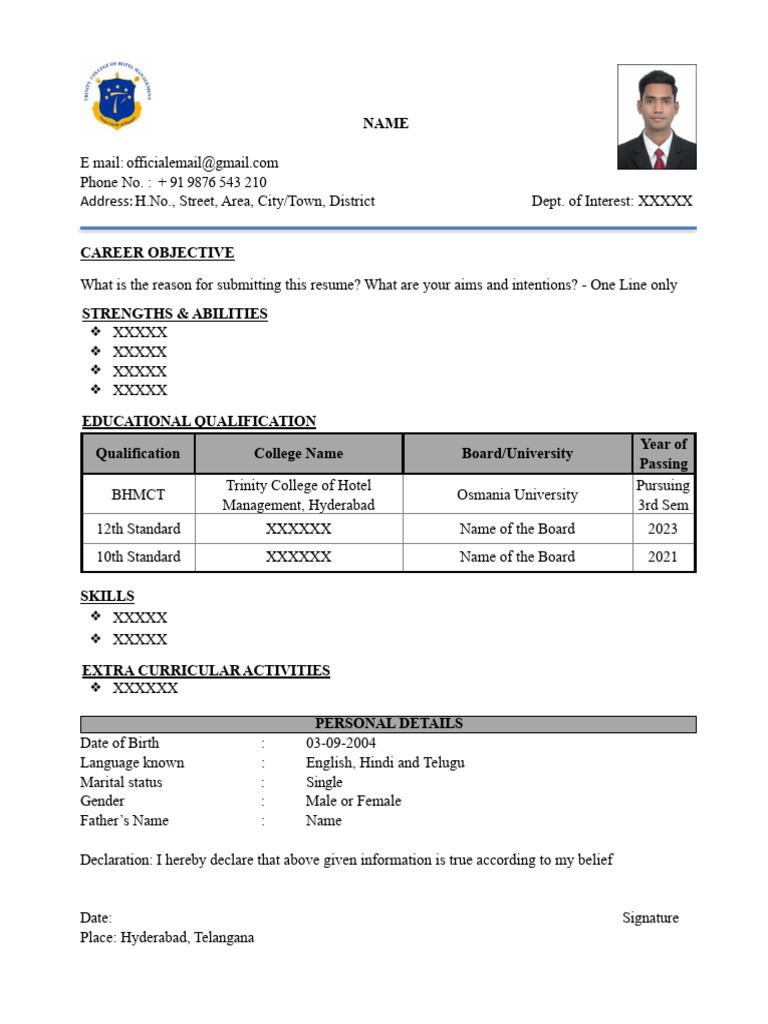 Trinity - Sample Resume For 3rd Sem Students - Internship | PDF