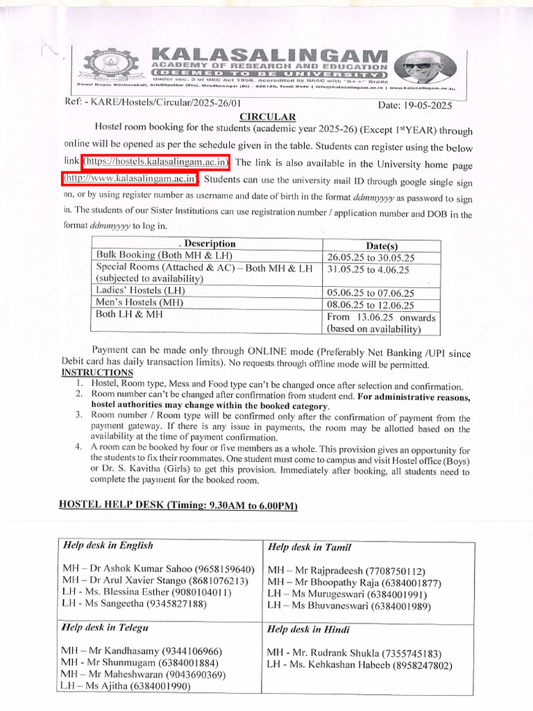 2025-26 Hostel Booking Instructions | PDF