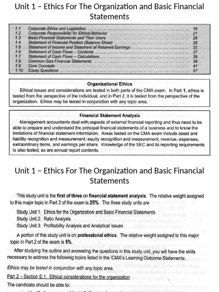 Unit 1 - Ethics For The Organization and Basic Financial Statements | PDF