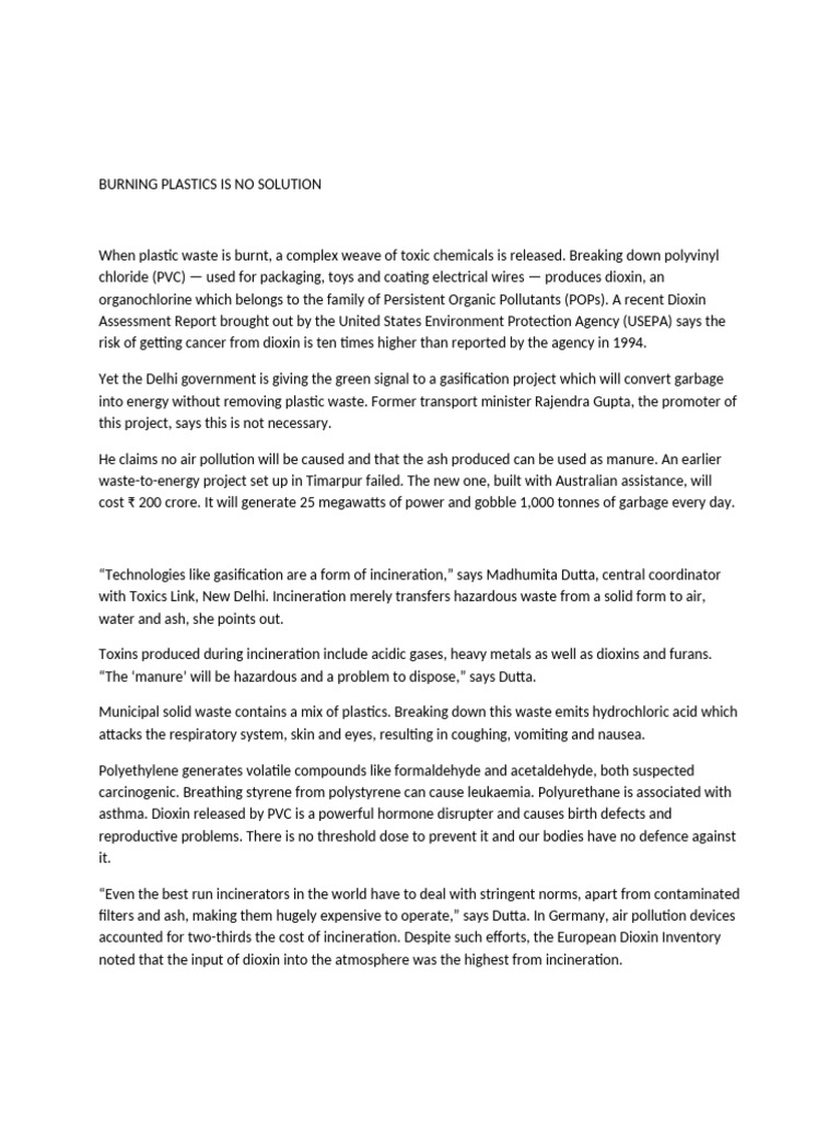 Dangers of Burning Plastic Waste | PDF | Plastic | Incineration