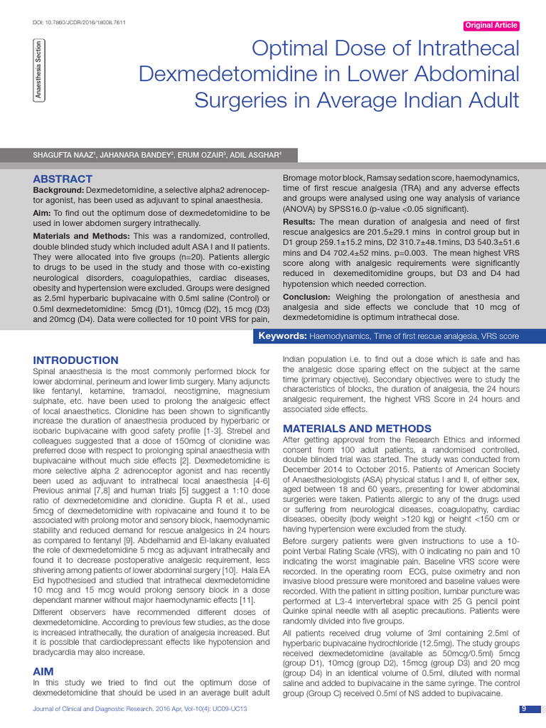 Optimal Dose of Intrathecal Dexmedetomidine in Lower Abdominal ...