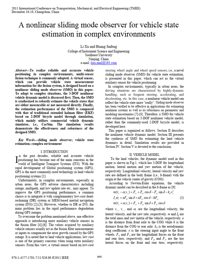 A Nonlinear Sliding Mode Observer For Vehicle State Estimation in Complex Environments | PDF ...
