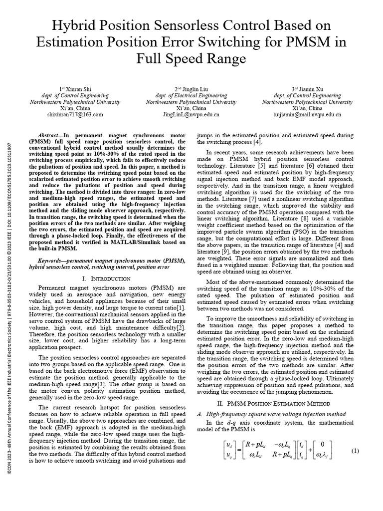 Hybrid Position Sensorless Control Based on Estimation Position Error Switching for PMSM in Full ...