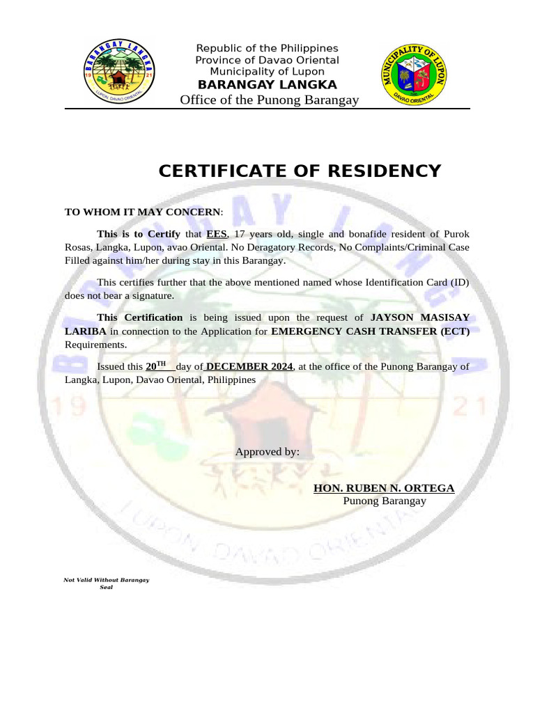 Residency and Indigency Certificates | PDF | Philippines | Poverty