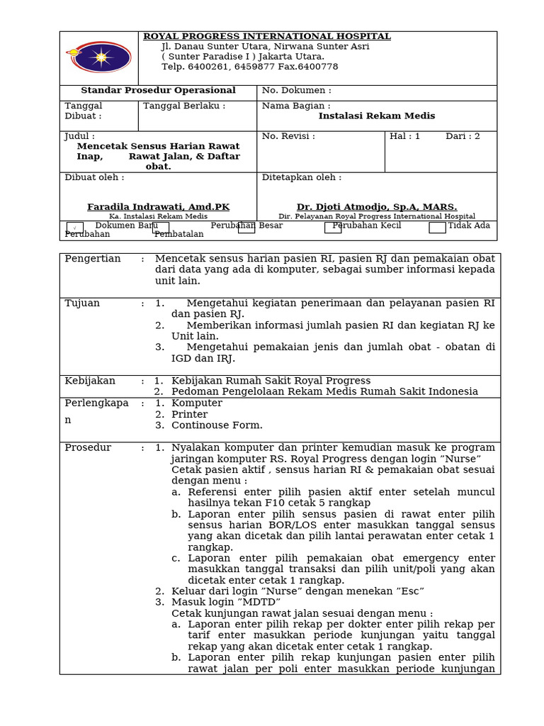 Cetak Sensus Harian RI, RJ, Obat (PRINT) | PDF