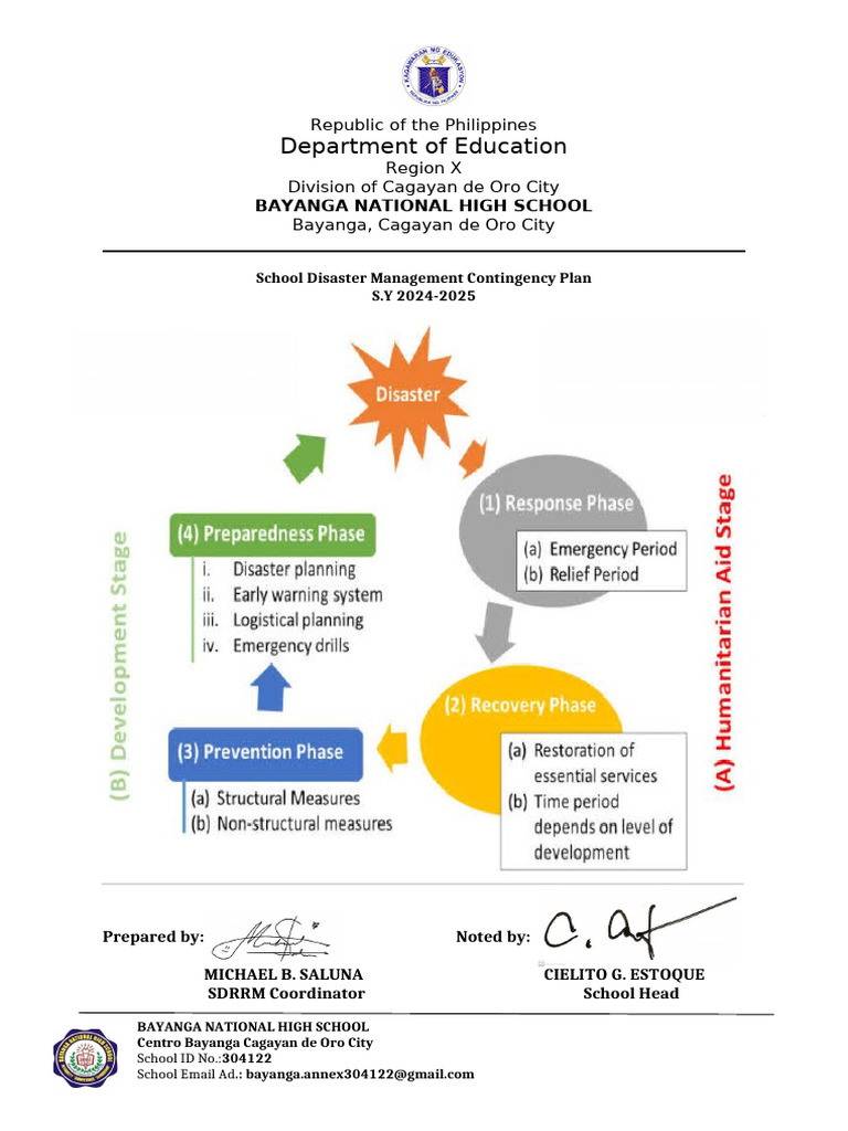 School Disaster Management Contingency Plan | PDF