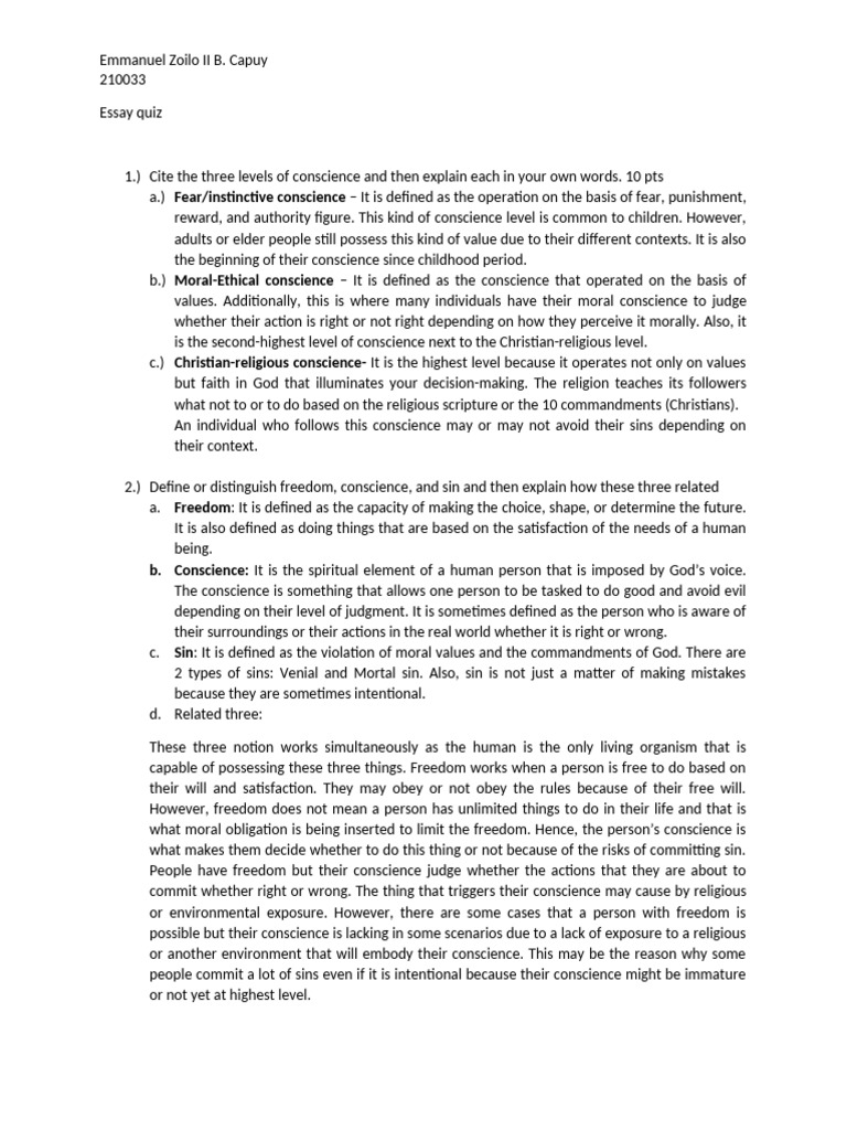 Capuy Emmanuel Essay Quiz | PDF | Conscience | Sin