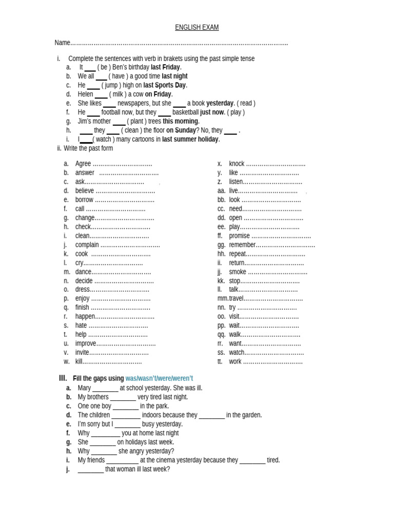 ENGLISH EXAM Past Simple Regular Verb+Tobe | PDF