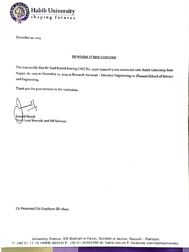 Saad Rashid - Experience (Habib University) | PDF