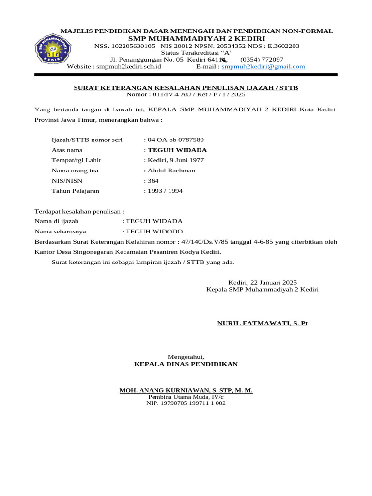 Surat Keterangan Kesalahan Penulisan Ijazah Atau STTB - SMP | PDF
