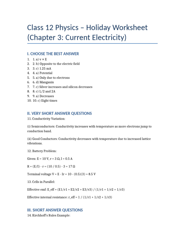 Class12 Physics Holiday Worksheet Completed | PDF