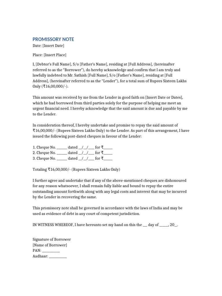 Promissory Note Sathish | PDF