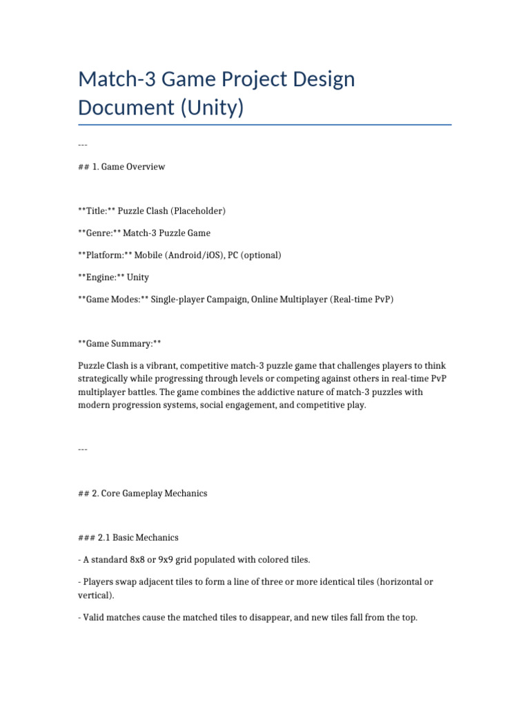 Puzzle Clash Match-3 Game Design Document | PDF | Electronic Games ...