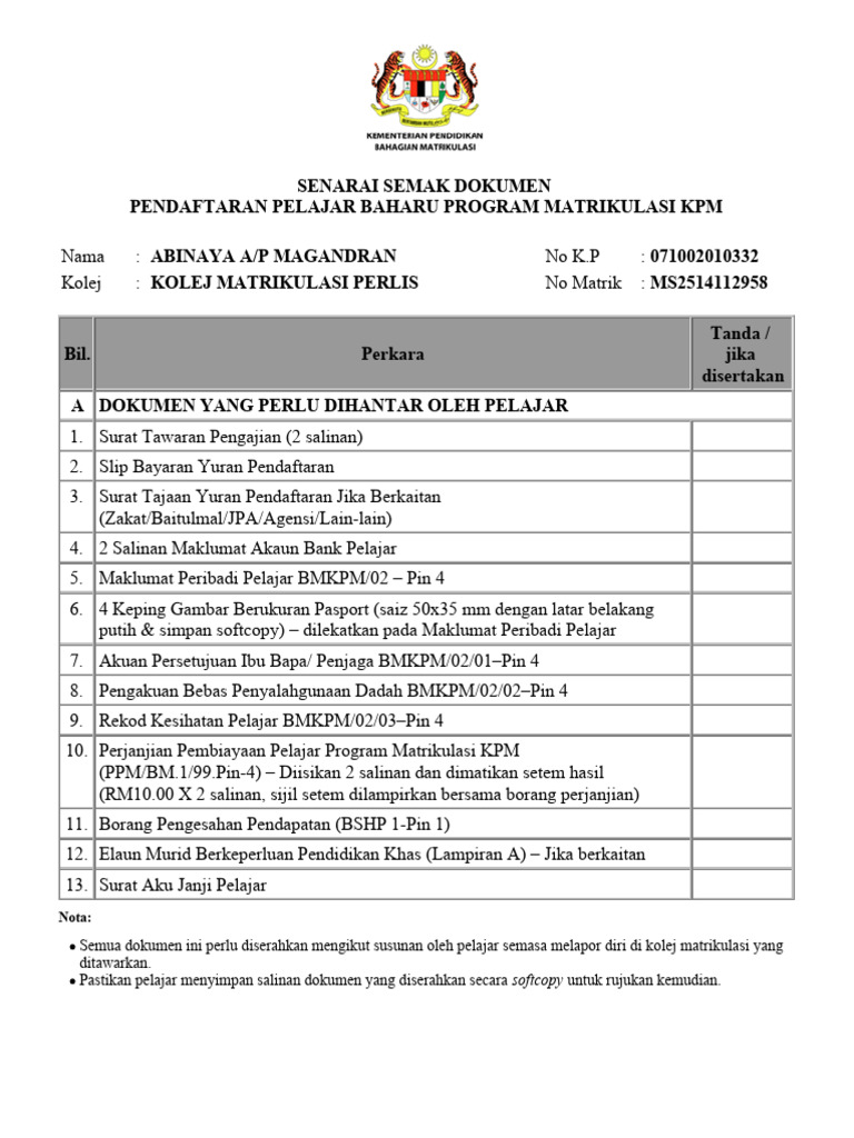 Senarai Semak Dokumen Matrikulasi | PDF