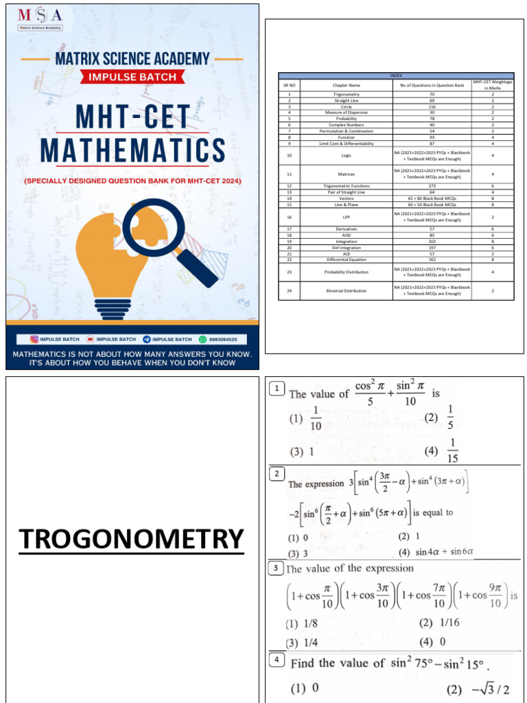 Mathematics Top Level Questions For MHT-CET 2024 | PDF | Circle | Trigonometry