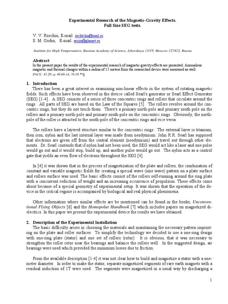 Experimental Research of Magnetic-Gravity Effects. | PDF