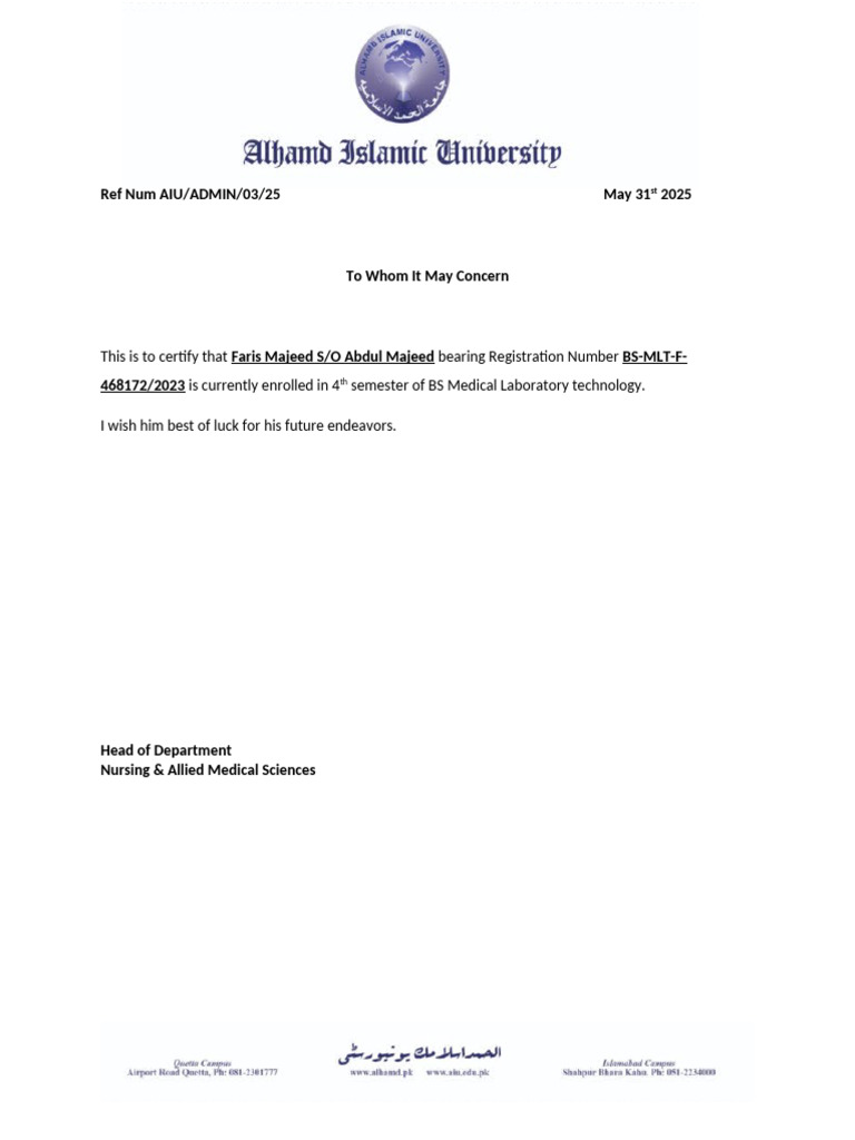 Enrollment Letter Faris Majeed | PDF