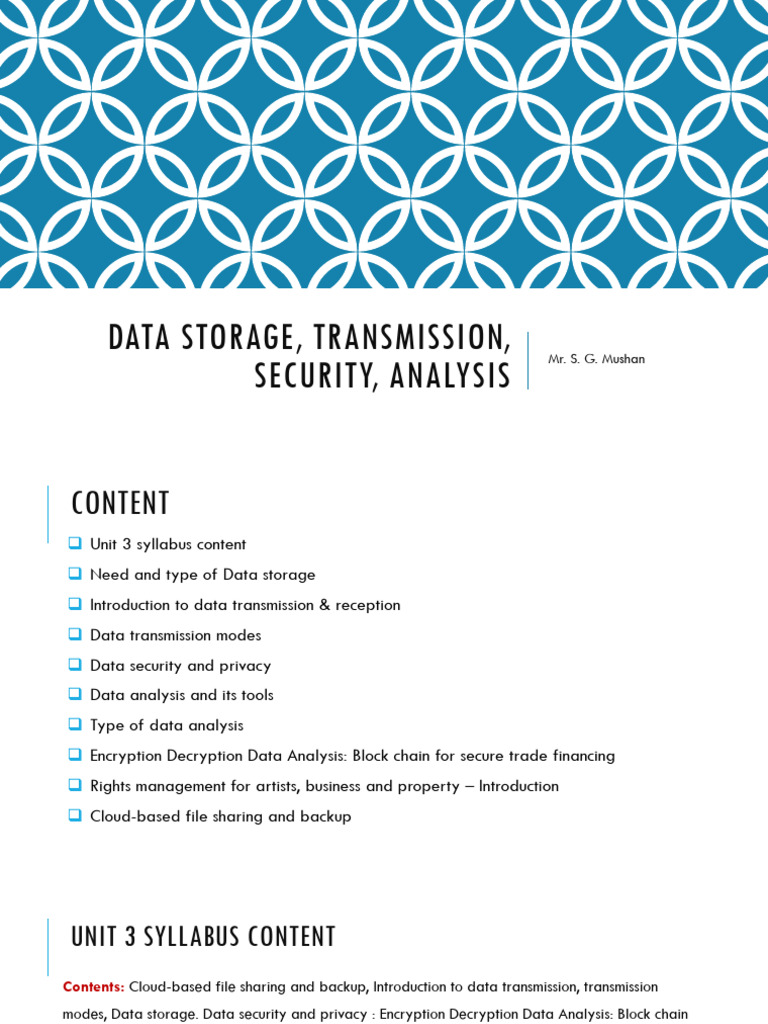 UNIT 3 - Data Storage, Transmission, Security, Analysis - SGM 1 | PDF | Key (Cryptography ...
