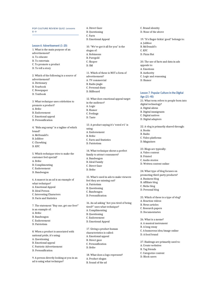 Pop Culture Quiz Lessons6to9 Complete | PDF | Advertising