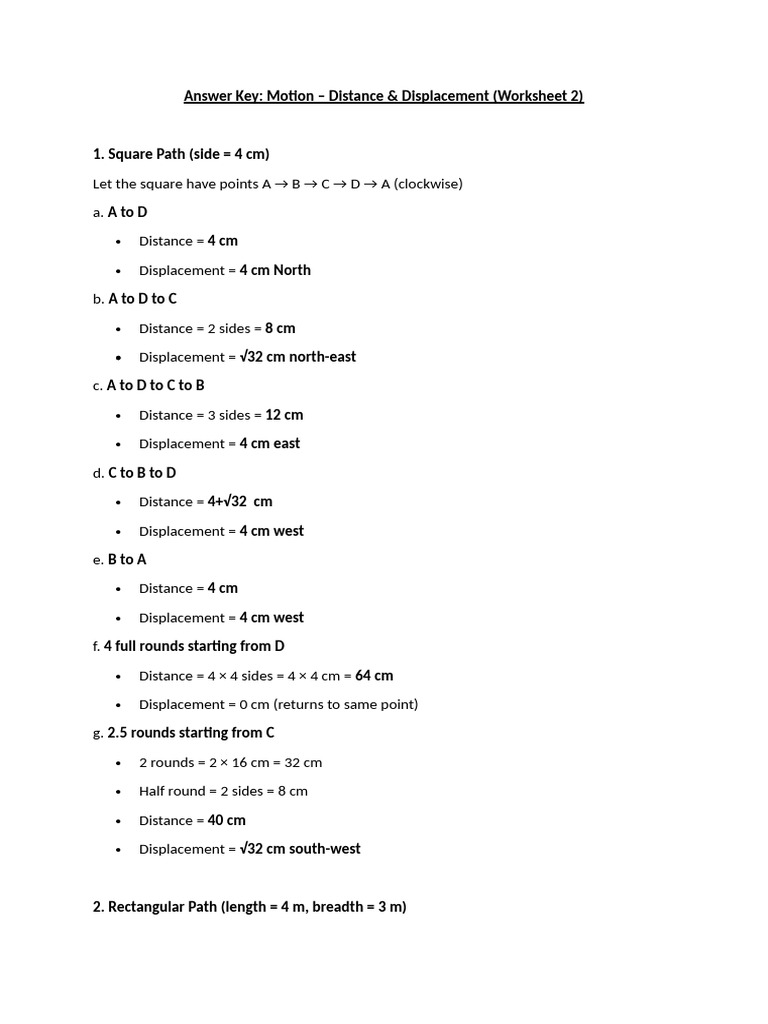 Motion-Distance and Displacement Worksheet 2 Answer Key | PDF