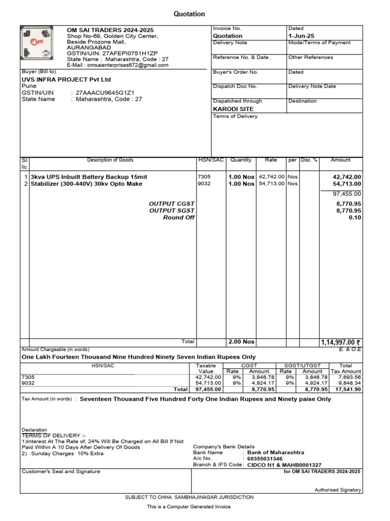 Uvs Infra Project PVT Ltd. Quotation | PDF | Economy Of India | Economies