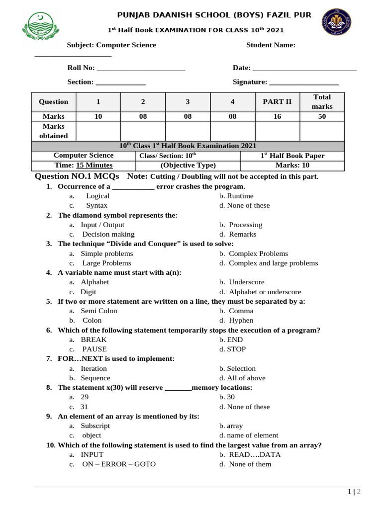 Class 10 Computer Science Exam Paper | PDF | Control Flow | Computer ...