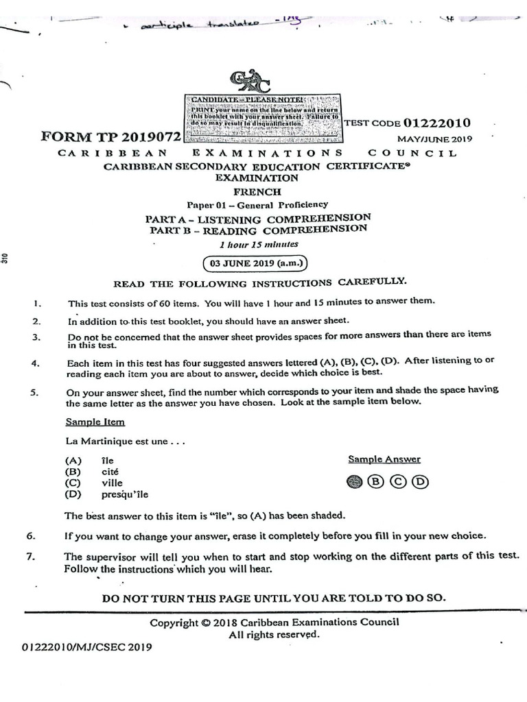 CSEC French June 2019 Paper 1 (Question Paper) | PDF