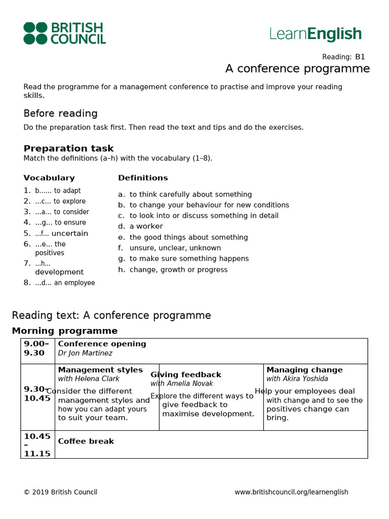 TASK LearnEnglish Reading B1 A Conference Programme | PDF
