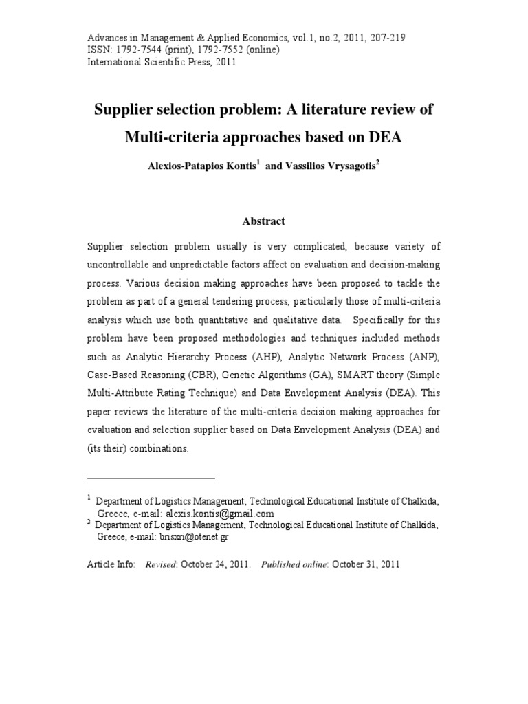 Supplier Selection Problem: A Literature Review of Multi-Criteria ...