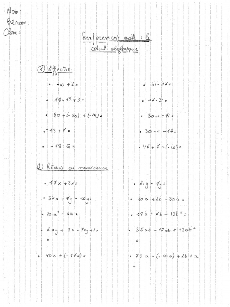 Calcul Algébrique - Exercices de Rappel Matière de 1ère | PDF