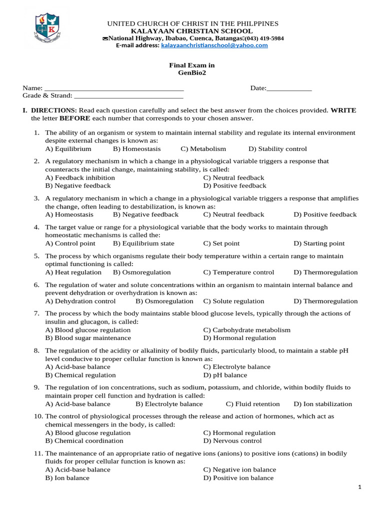 GenBio2 Final Examination | PDF | Homeostasis | Electrolyte